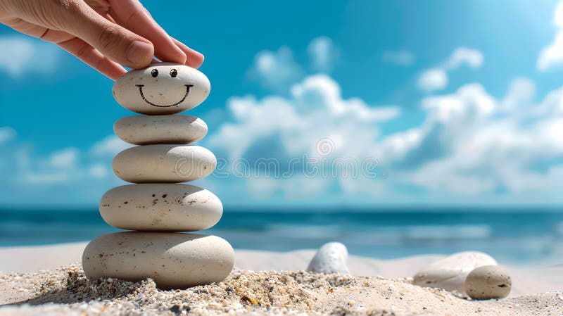 Stack of Zen Stones on a Sunny Beach with a Drawn Smile. Concept of ...