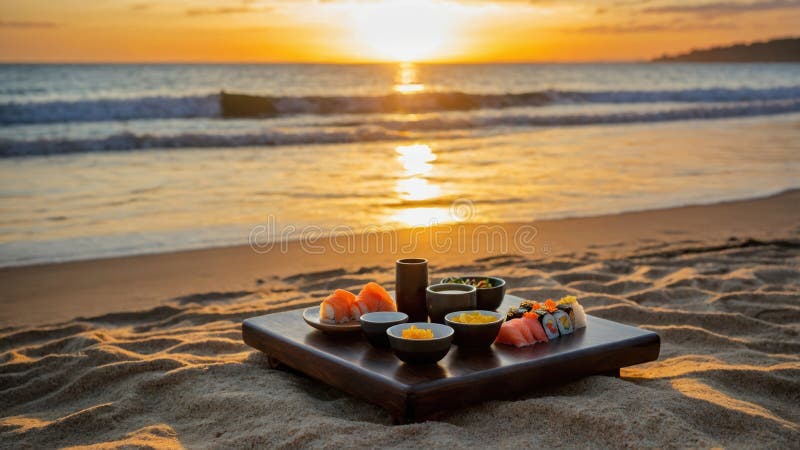 Romantic Sushi Dinner on Sunset Beach Stock Illustration - Illustration ...