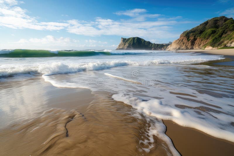 A Serene Beach with the Sound of Waves Rolling Onto Shore Stock ...