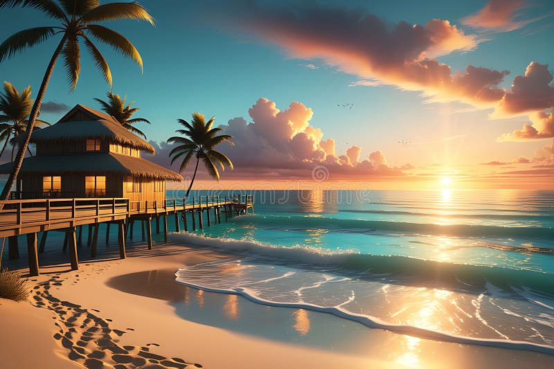 A Serene Beach at Sunset Captured in a Digital Render: Waves Gently ...