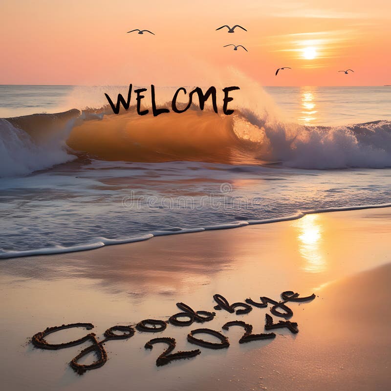 Sunset Beach: Goodbye 2024 and Welcome 2025 in Sand Stock Illustration ...