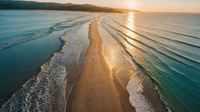 Golden Sunset Over Sandy Spit Separating Ocean Waves Stock Illustration ...