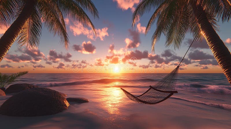 Serene Beach Sunset Hammock Tied Two Palm Trees Pic Stock Photos - Free ...