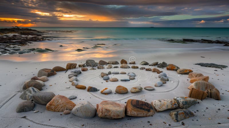 Serene Beach Sunset with Handmade Rock Circle Art Stock Photo - Image ...