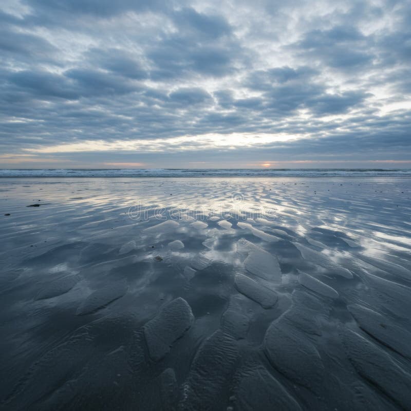 Serene Beach Sunset with Ocean Reflections Stock Illustration - Illustration of calm, texture ...