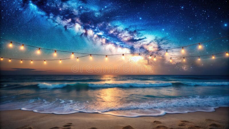 Serene Beach Sunset with Starry Sky and String Lights. Generative AI ...