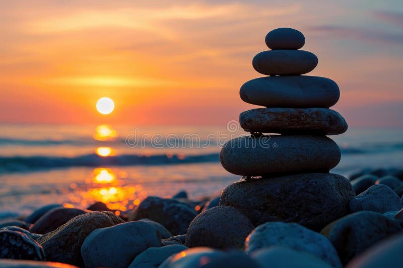 Serene Beach Sunset with Zen Stone Stack Stock Photo - Image of ...