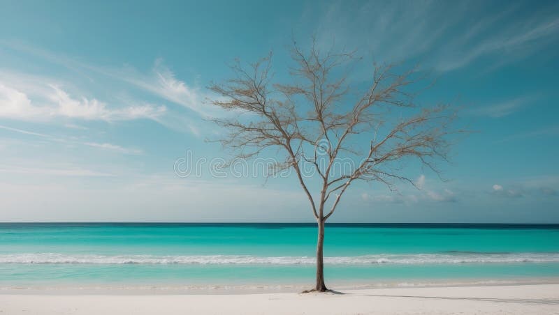 Serene Beach Tree White Sand Turquoise Ocean Blue Sky. Stock Image ...