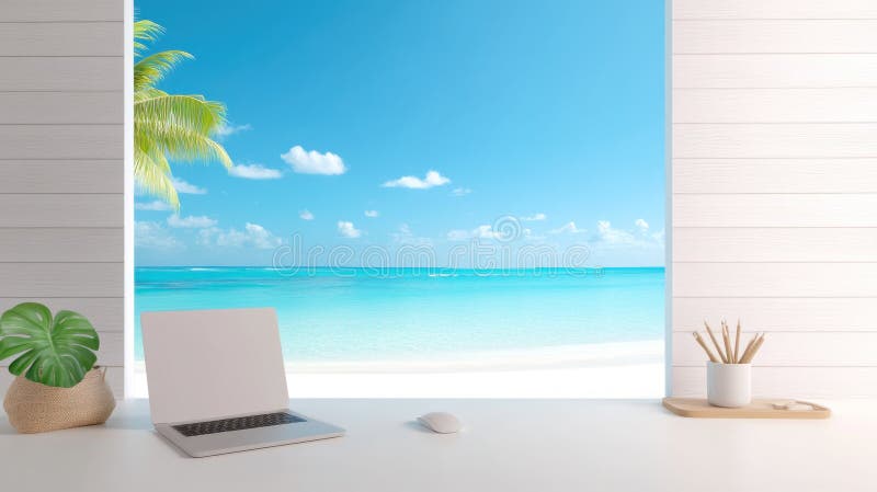 Serene Beach View from Minimalist Desk Setup Creates Calming Workspace ...