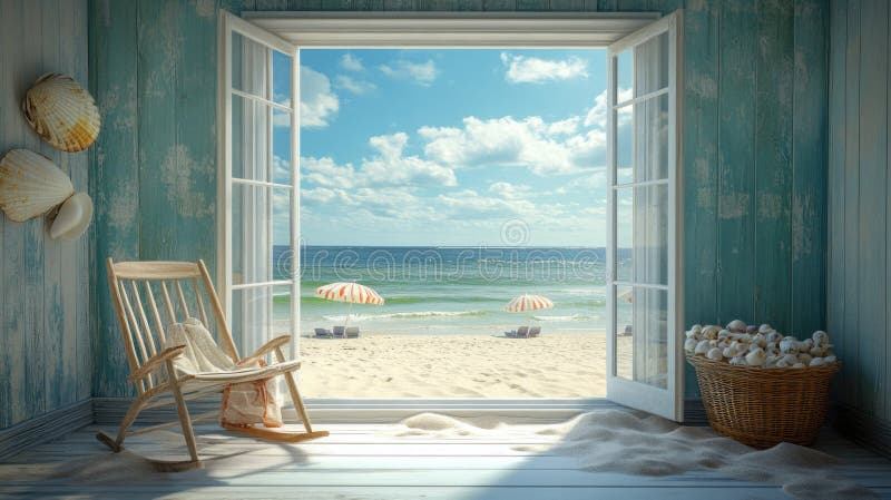 Serene Beach View from Open Window with Ocean Waves and Sandy Shore ...