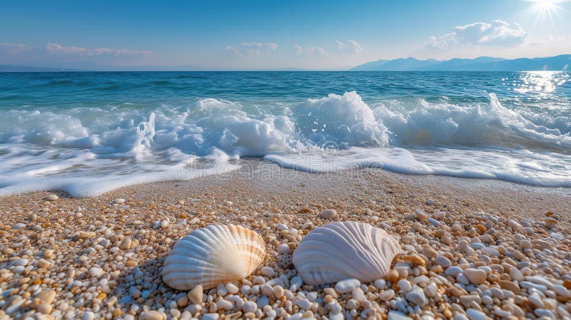 Serene Beach Waves and Shells on Pebble Shoreline Under Clear Blue Sky ...