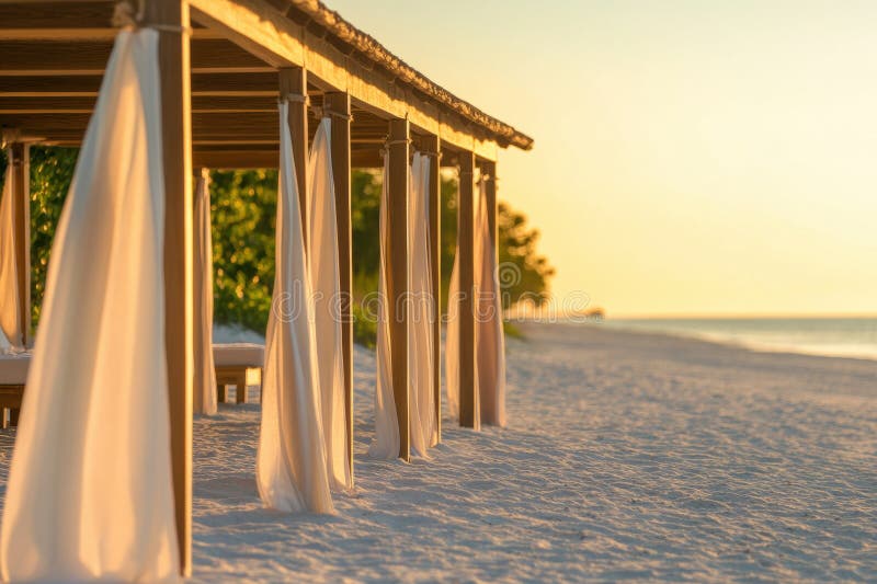 Serene Beachfront Cabanas during Golden Sunset on a Tropical Paradise ...