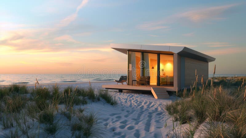 Serene Beachfront Cabin at Sunset Stock Photo - Image of architecture ...