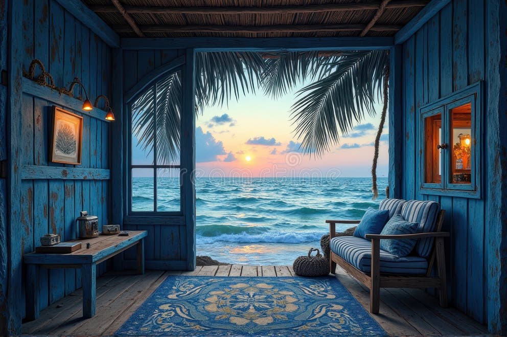 Serene Beachfront Cottage with Sunset View and Rustic Blue Decor Stock ...