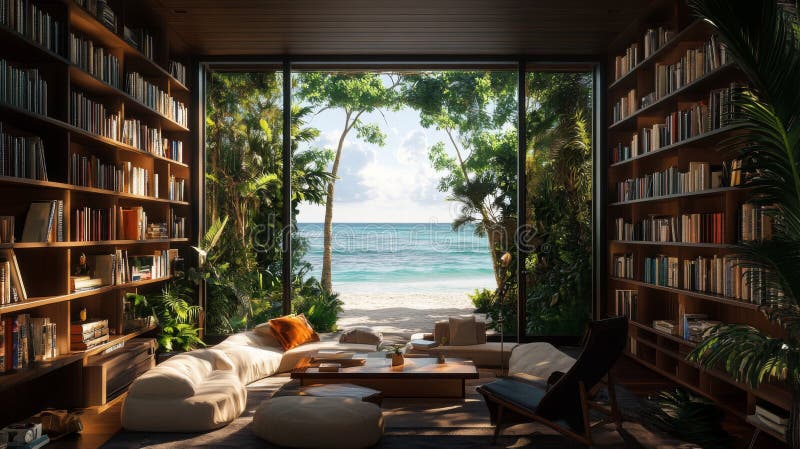 Serene Beachfront Library Interior with Ocean View Stock Illustration ...