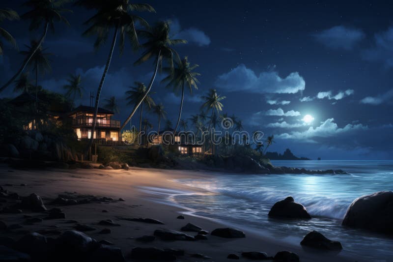 A Serene Beachfront on a Moonlit Dark Night Stock Illustration ...