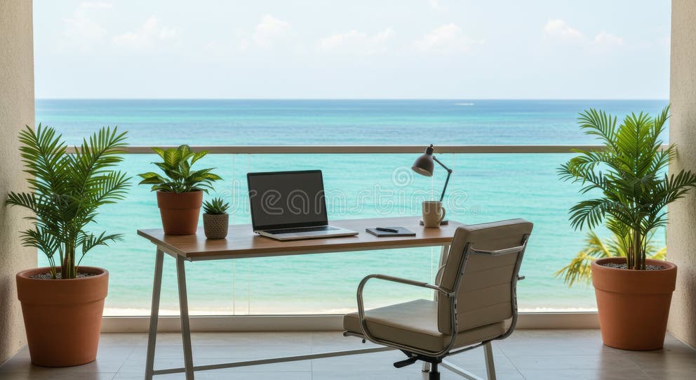 Serene Beachfront Office Setup with Laptop, Plants, and Ocean View ...