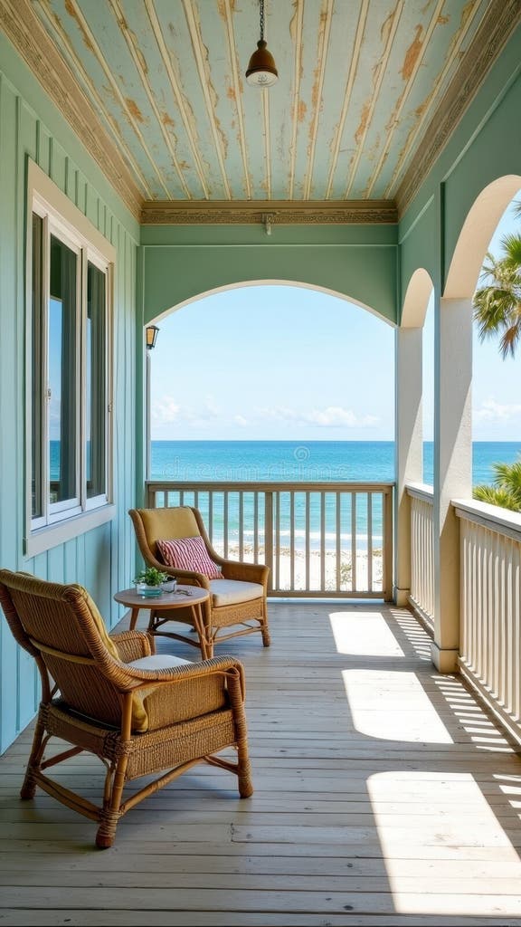 Serene Beachfront Porch with Ocean View and Wicker Chairs in Tropical ...