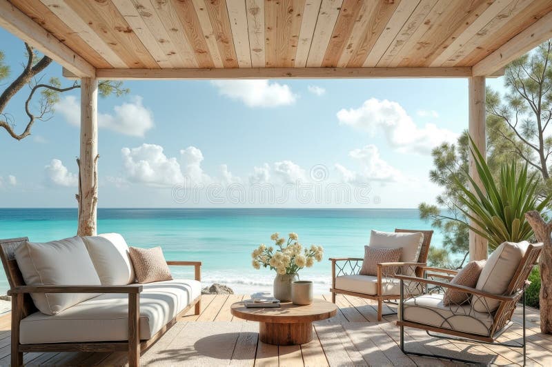 Serene Beachfront Terrace with Ocean View and Cozy Seating Area Stock ...