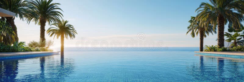 Serene Beachfront View from an Elegant Infinity Pool Surrounded by Palm ...