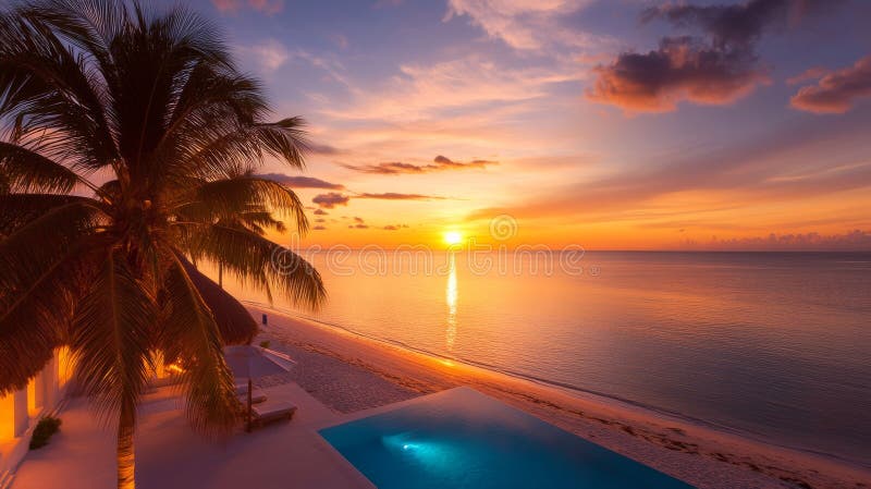 Serene Beachfront Villa with Private Pool at Sunset Stock Illustration ...