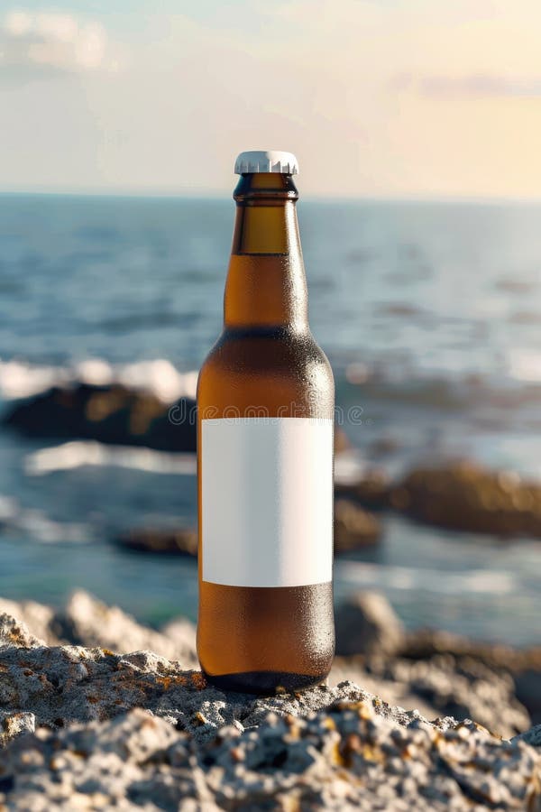 Serene Beachside with Single Beer Bottle on Rocky Shore Stock Image ...