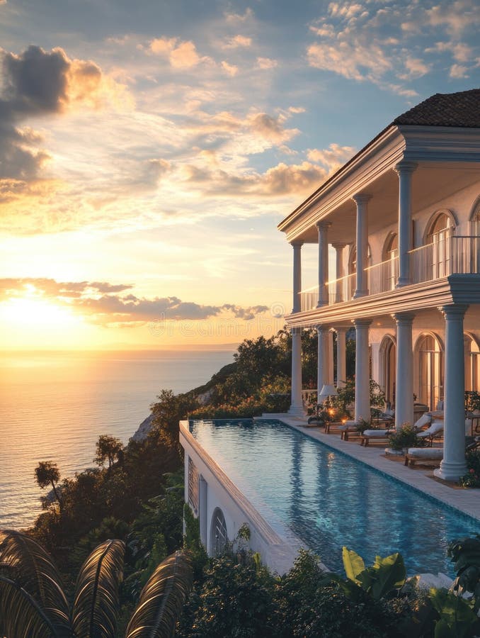 Luxurious Oceanfront Villa Sunset Stock Photo - Image of getaway ...