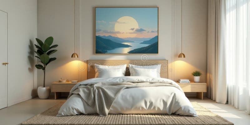 Serene Bedroom Interior Design Featuring a Large Calming Landscape ...