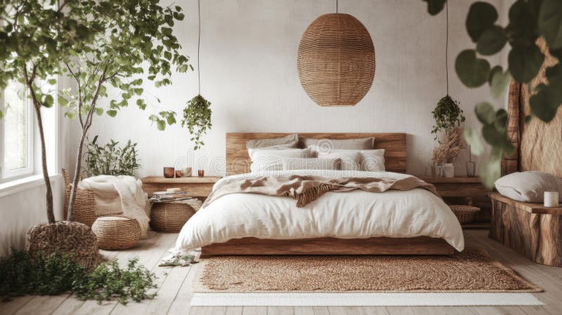 Serene Bedroom Interior Design with Natural Wood and Plants Stock ...