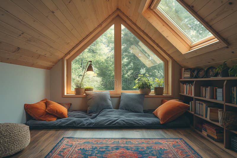 Attic Bedroom with Large Triangular Windows Stock Photo - Image of ...