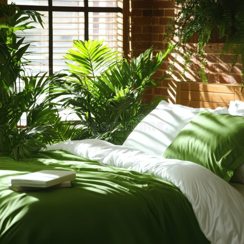 Serene Bedroom Scene Featuring Lush Greenery and Soft Bedding, Creating ...