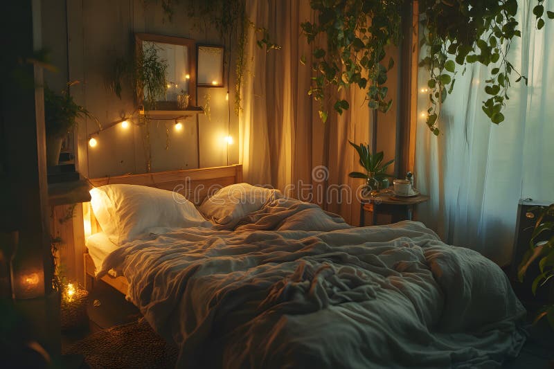 Serene Bedroom Setup Featuring Soft Lighting and Linen Sheets Stock ...