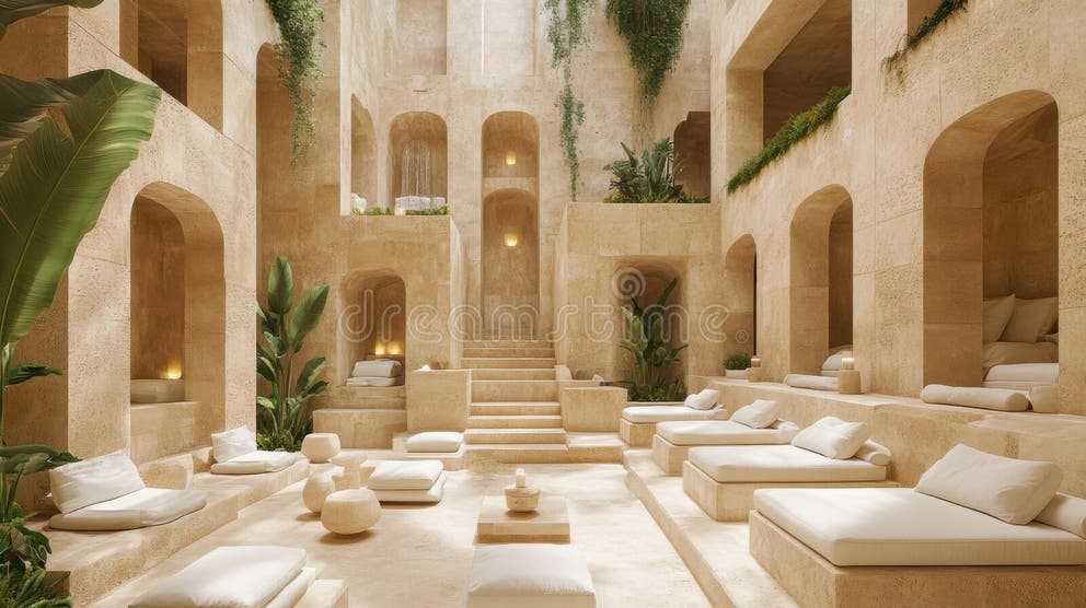 Serene Beige Stone Courtyard Interior Design Stock Image - Image of ...