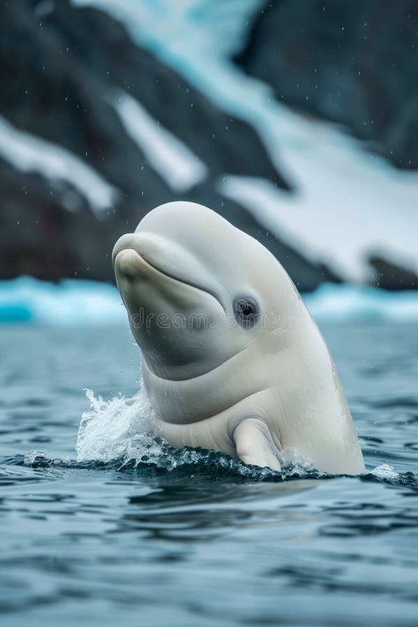 Serene Beluga Whale Emerging from Arctic Waters with Snow Capped ...
