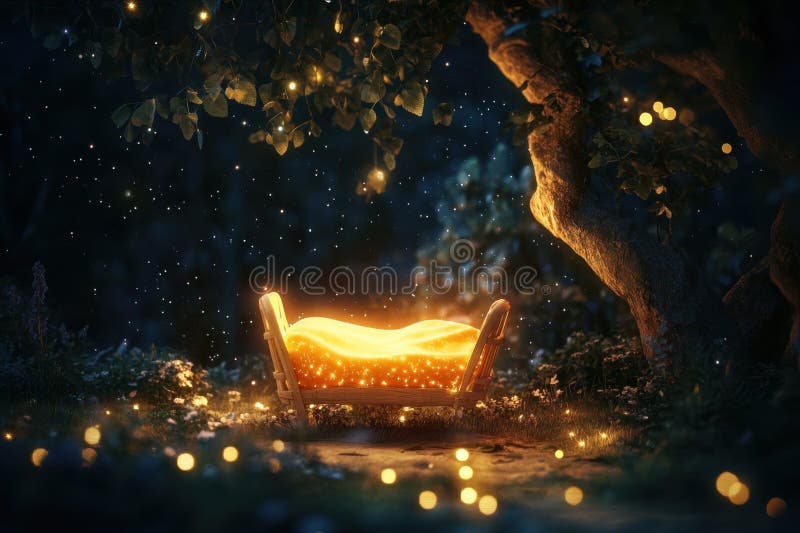 Enchanted Forest Bench Illuminated by Glowing Lights at Night with Soft ...