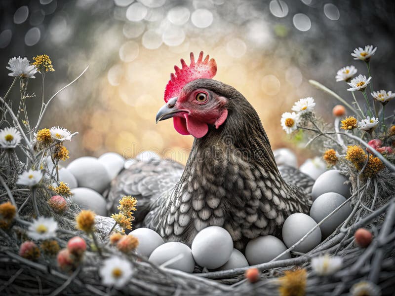 Serene Black and White Hen Nesting in a Rustic Countryside Nest a ...