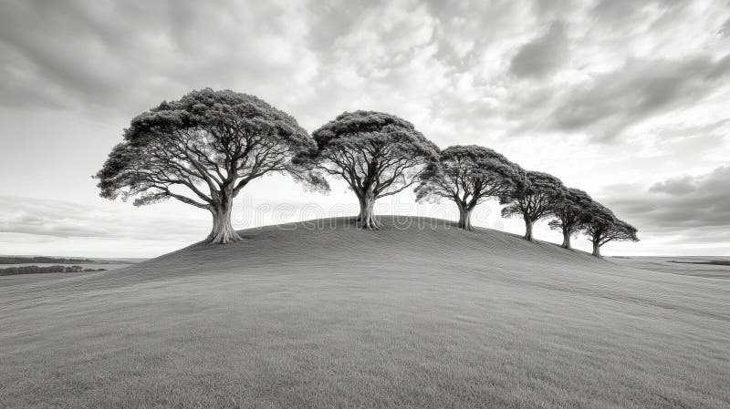 Seven Majestic Trees Stand in a Row on a Gentle Hill Under a Dramatic ...