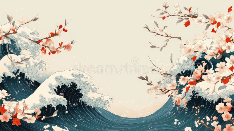A Serene Blend of Cherry Blossoms and Ocean Waves in a Harmonious ...