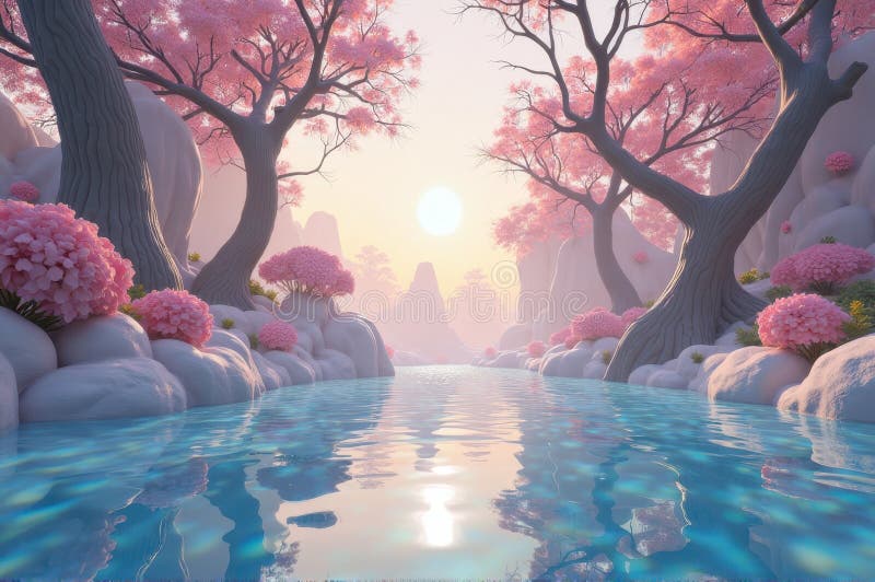 Serene Blossom River with Pink Cherry Trees and Tranquil Reflections at ...