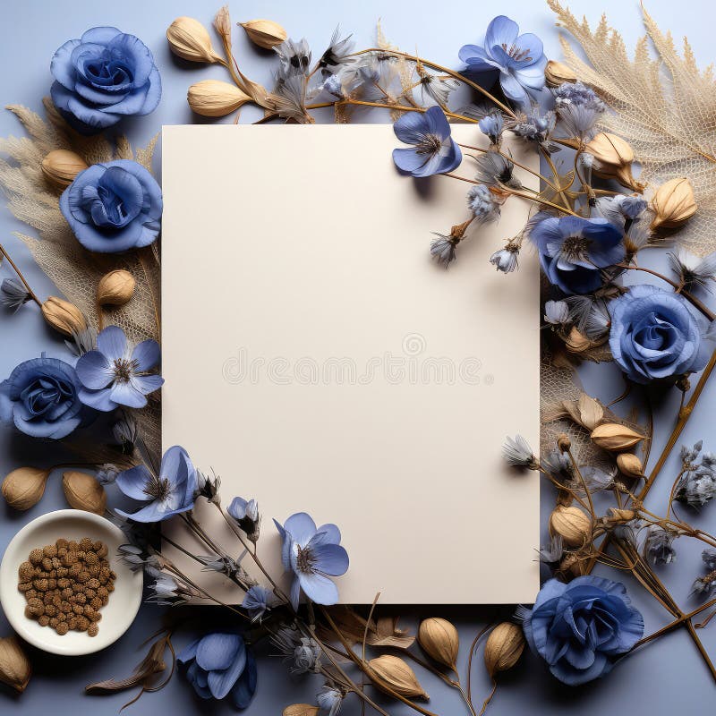 Serene Blue Blossoms: Background Featuring Blank Paper Mockup with ...