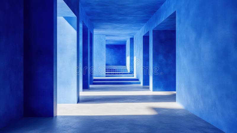 A Serene Blue Corridor with Geometric Shadows and Soft Lighting Creates ...