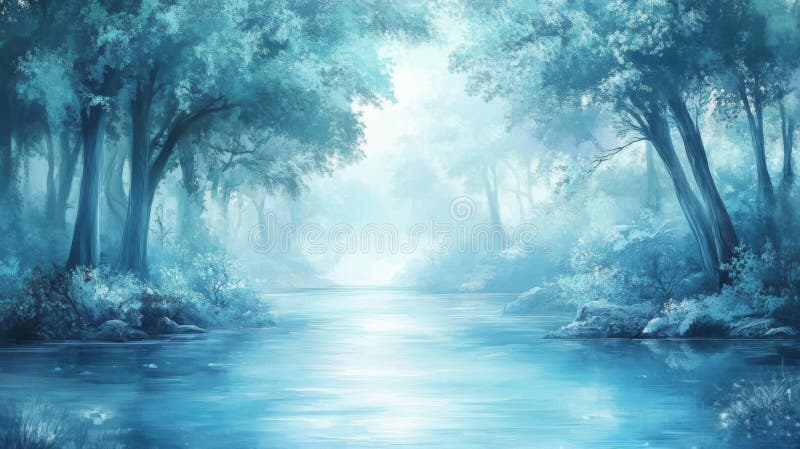 Serene Blue Forest River Landscape Stock Illustration - Illustration of path, nature: 380924785