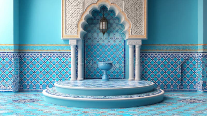 Serene Blue Moroccan Style Interior Design with a Pedestal Stock ...