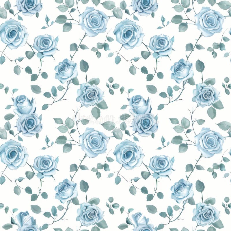 Serene Blue Roses and Greenery Seamless Pattern Design Stock Photo ...