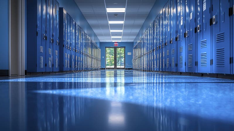Serene Blue School Hallway with Lockers Stock Illustration ...