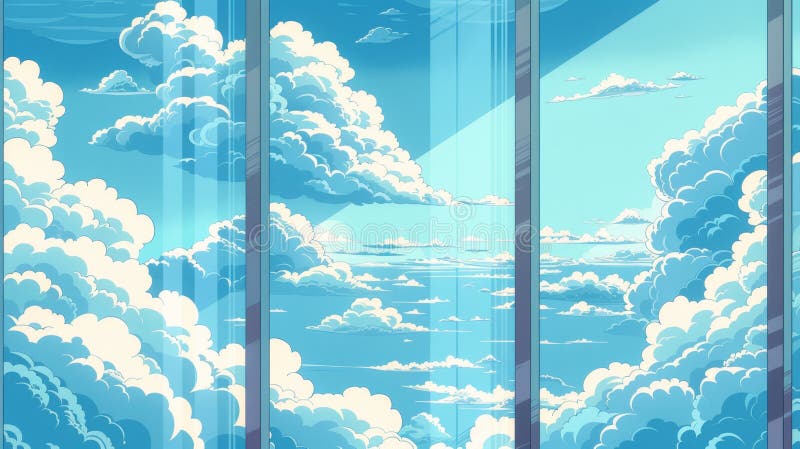Serene Blue Sky and Fluffy Clouds View through Modern Windows Stock ...
