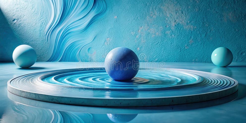 Serene Blue Spheres Resting on Concentric Circular Water Feature in a ...