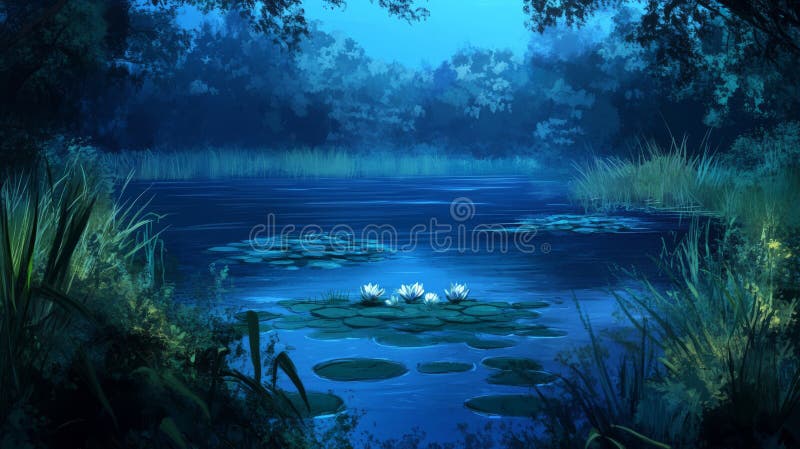 Serene Blue Swamp Landscape Stock Illustration - Illustration of ...