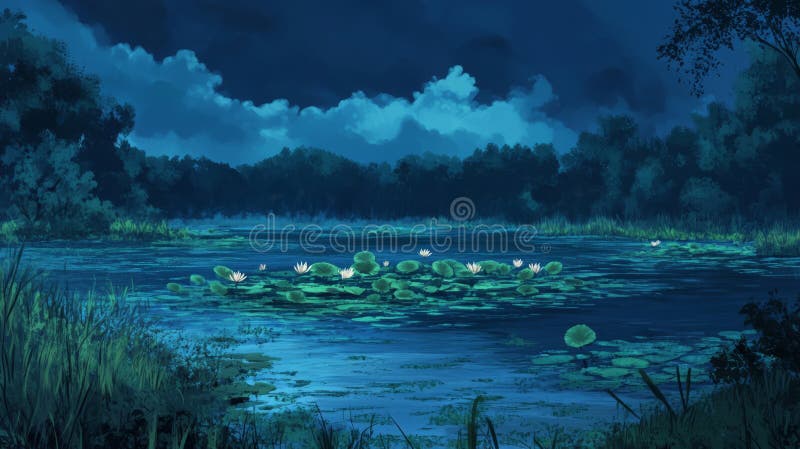 Serene Blue Swamp Landscape Stock Illustration - Illustration of serene ...