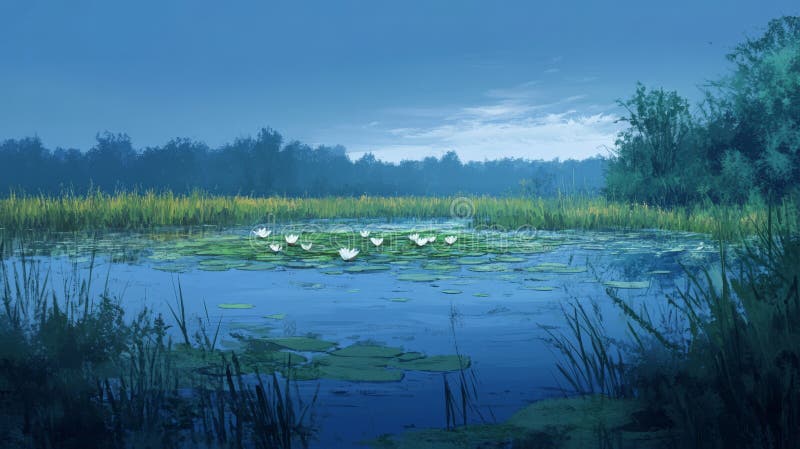 Serene Blue Swamp Landscape Stock Illustration - Illustration of lily ...